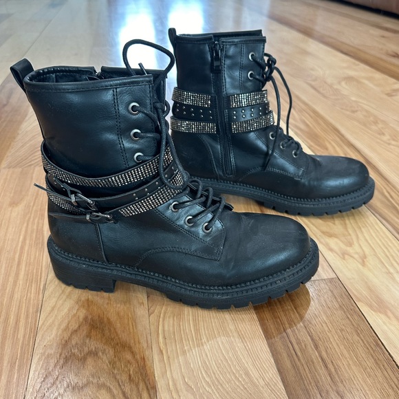 Shoes | Rock Candy Hensley 85 Black Embellished Strap Combat Boot ...